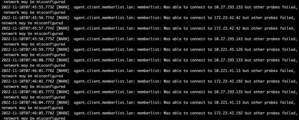 WARN:Was able to connect to xx.xx.xx.xx but other probes failed, network may be misconfigured ...
