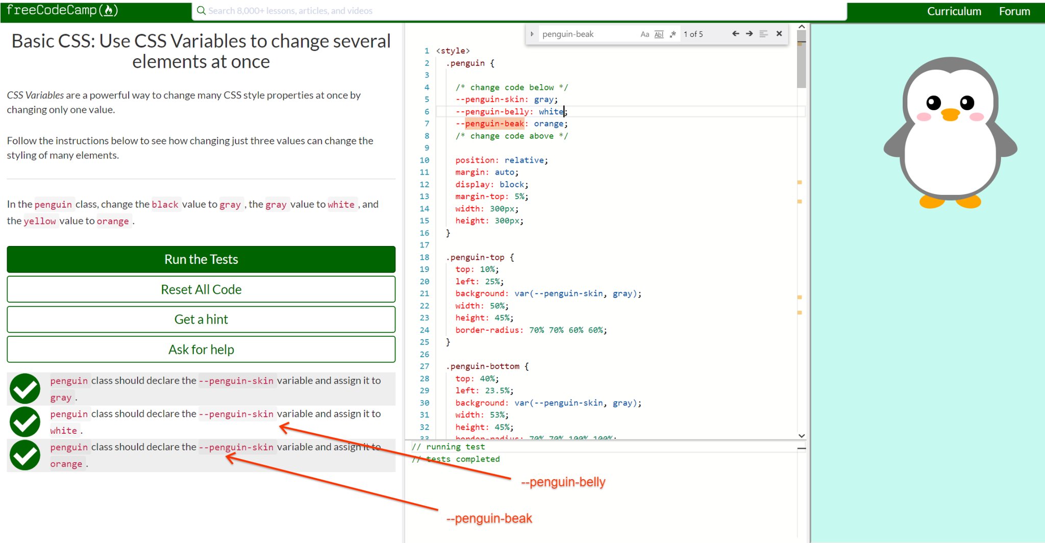 Small mistake in the instructions of Basic CSS: Use CSS Variables to change several elements at ...