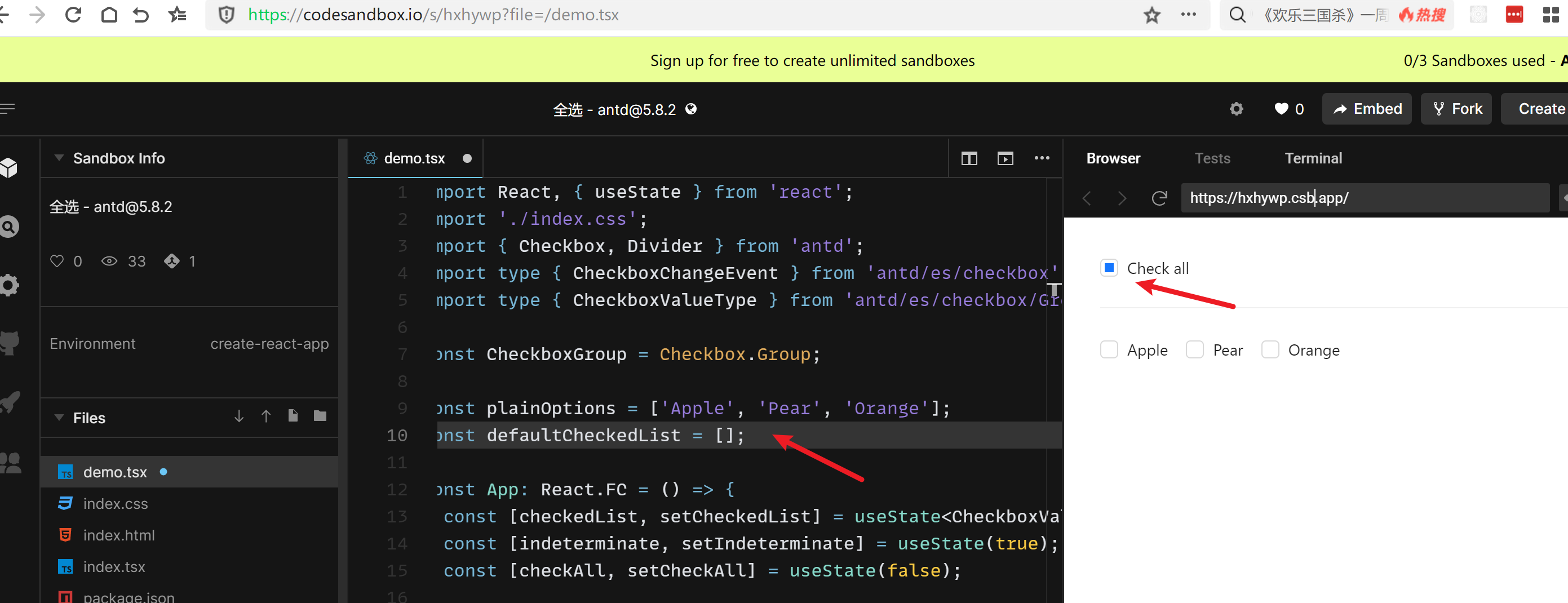 checkbox 官方示例 defaultCheckedList 如果就是全选的相同值，全选按钮应该勾上 · Issue #44123 · ant-design/ant-design · GitHub