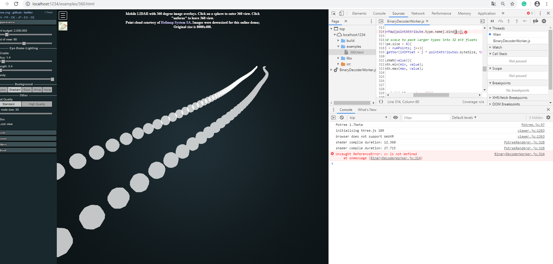 Getting error while trying to run 360.html example · Issue #826 · potree/potree · GitHub