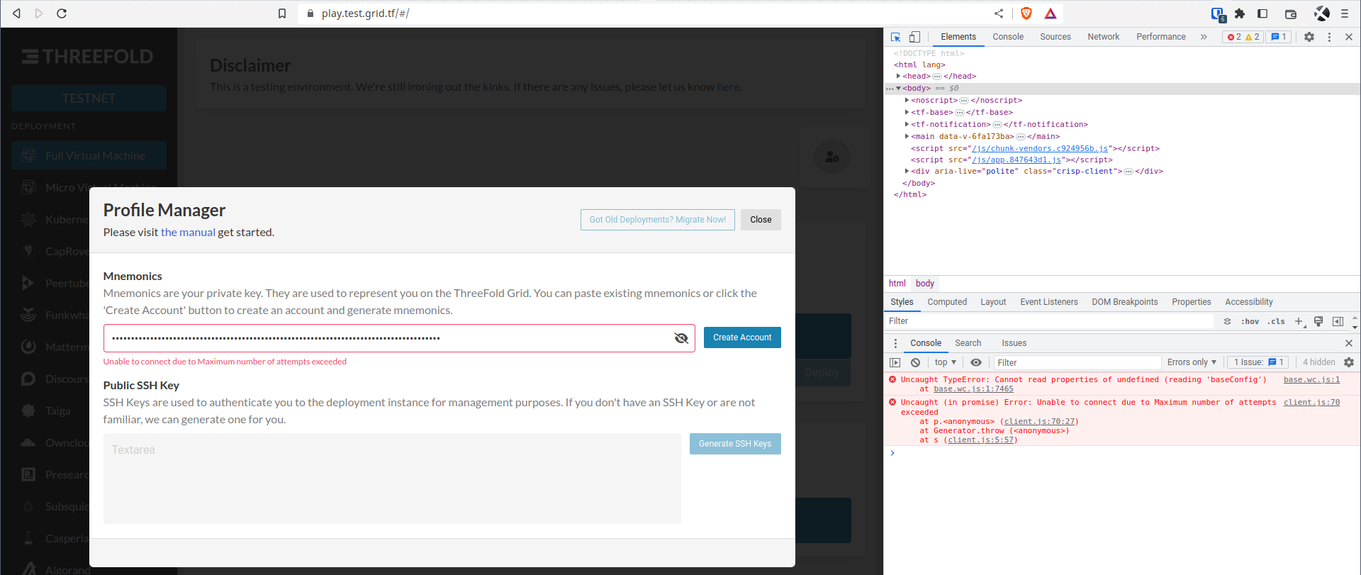 Error: Unable to connect due to Maximum number of attempts exceeded · Issue #74 · threefoldtech ...
