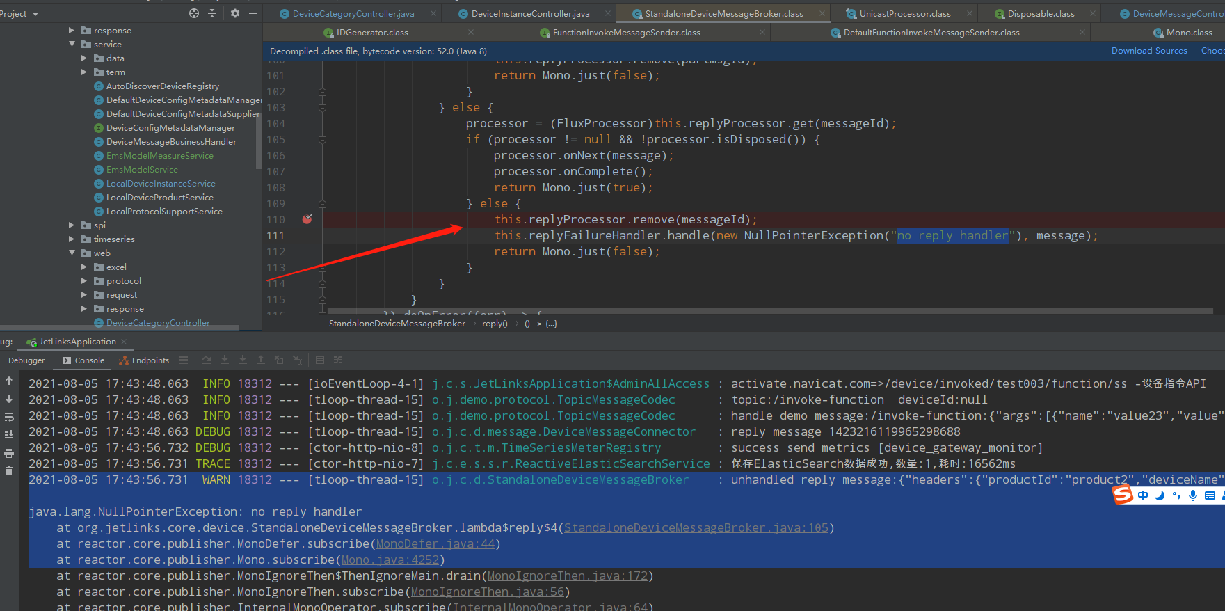 设备功能可以发送成功，但是后台会报一个奇怪的错误，java.lang.NullPointerException: no reply handler · Issue #85 · jetlinks ...
