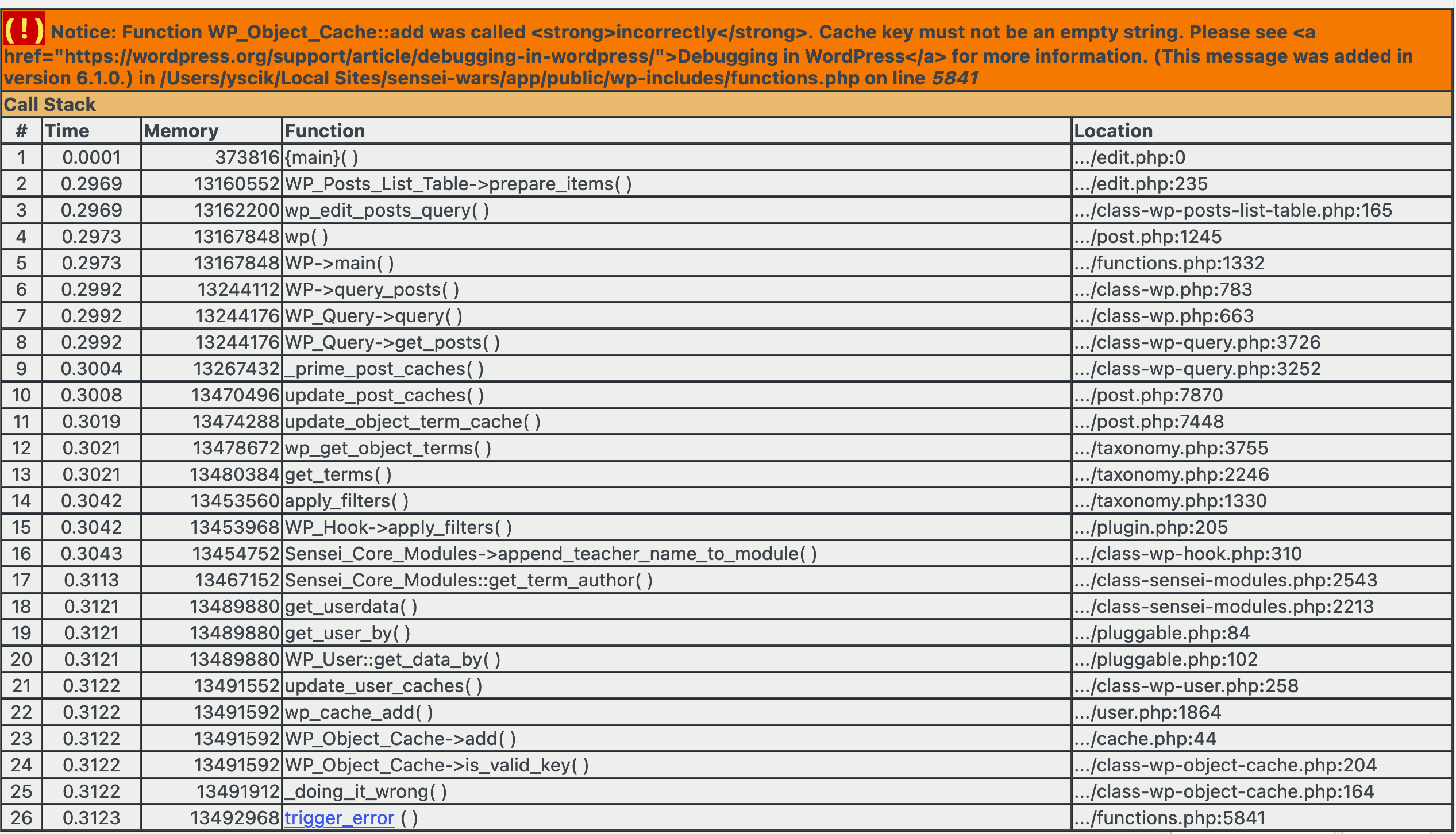 Warning Notice On Wp 6 1 From Sensei Core Modules Append Teacher Name To Module · Issue 6033