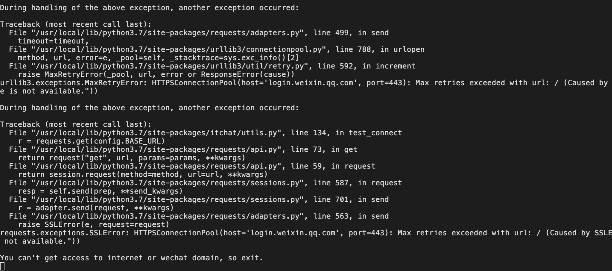 运行报错，raise SSLError(e, request=request) You can't get access to ...