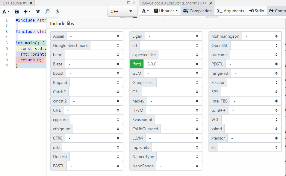 [BUG] simple C++ fmtlib example compiles does not execute · Issue #1930 · compiler-explorer ...