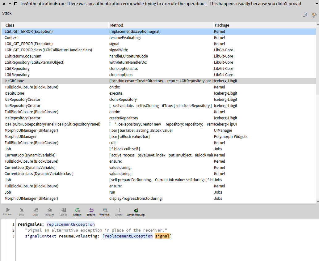 Showstopper: IceAuthenticationError · Issue #1594 · pharo-vcs/iceberg · GitHub