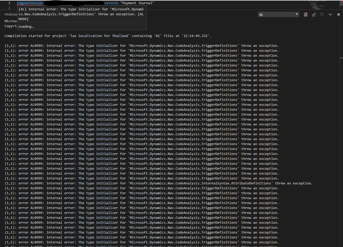 (1,1): error AL0999: Internal error: The type initializer for 'Microsoft.Dynamics.Nav ...