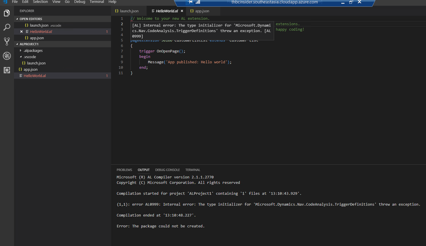(1,1): error AL0999: Internal error: The type initializer for 'Microsoft.Dynamics.Nav ...