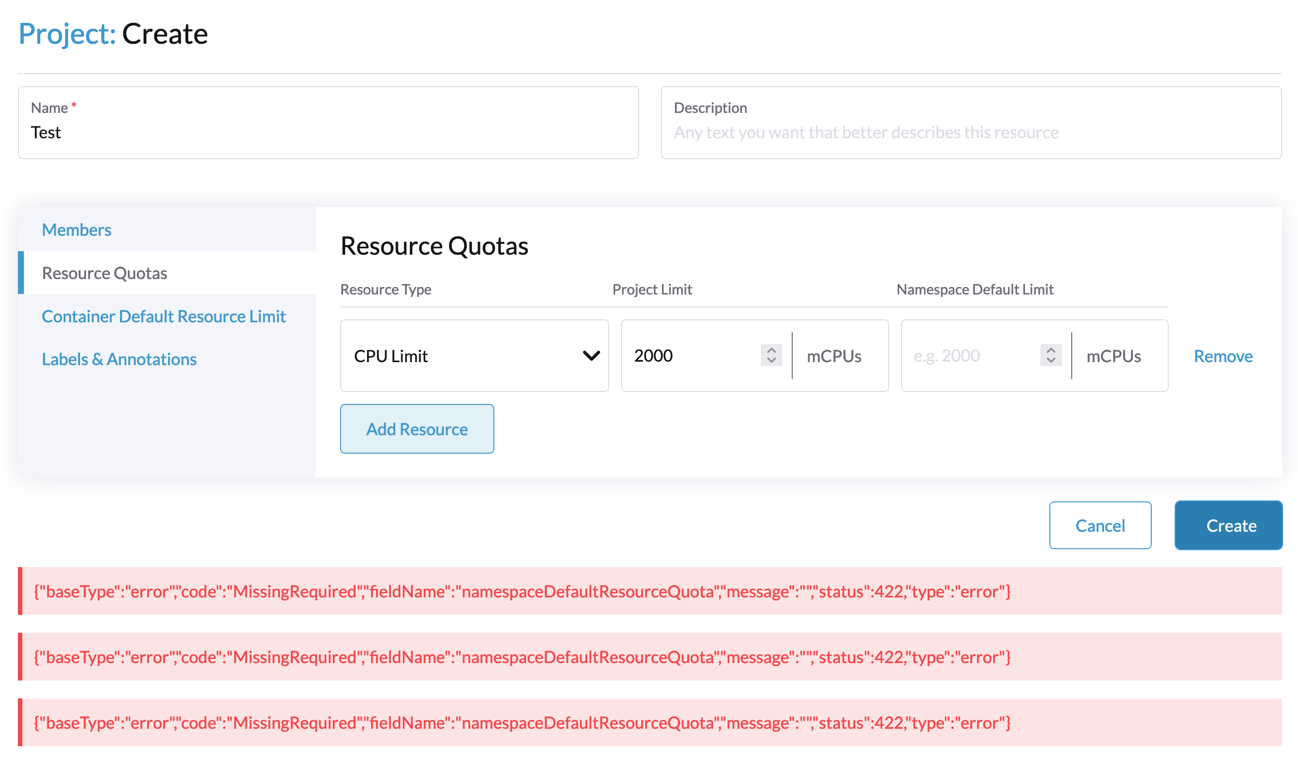 Cant Create A New Project After Not Specifying Namespace Default Limit Once Error Never Clears