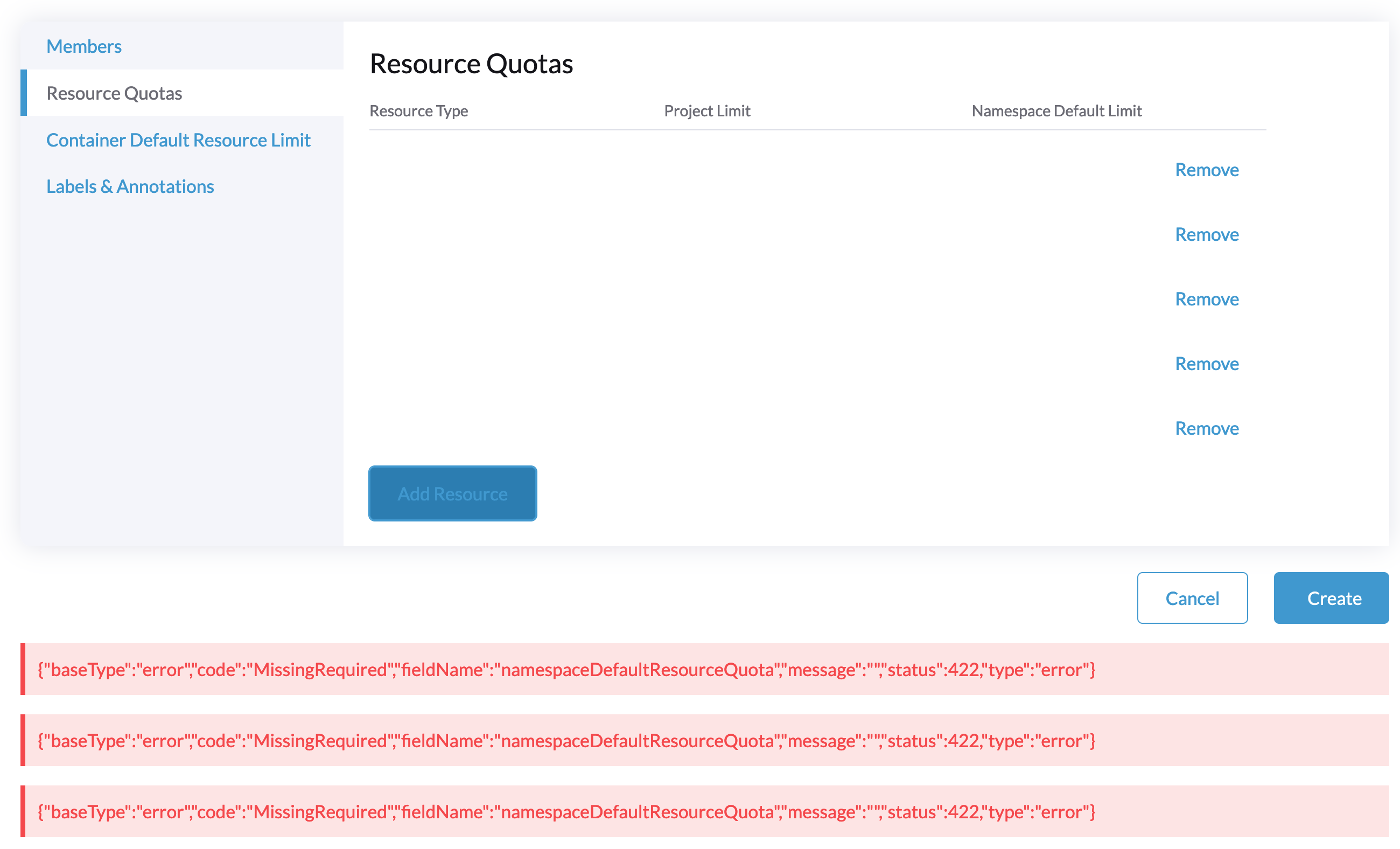 Can't create a new project after not specifying Namespace Default Limit once: error never clears ...