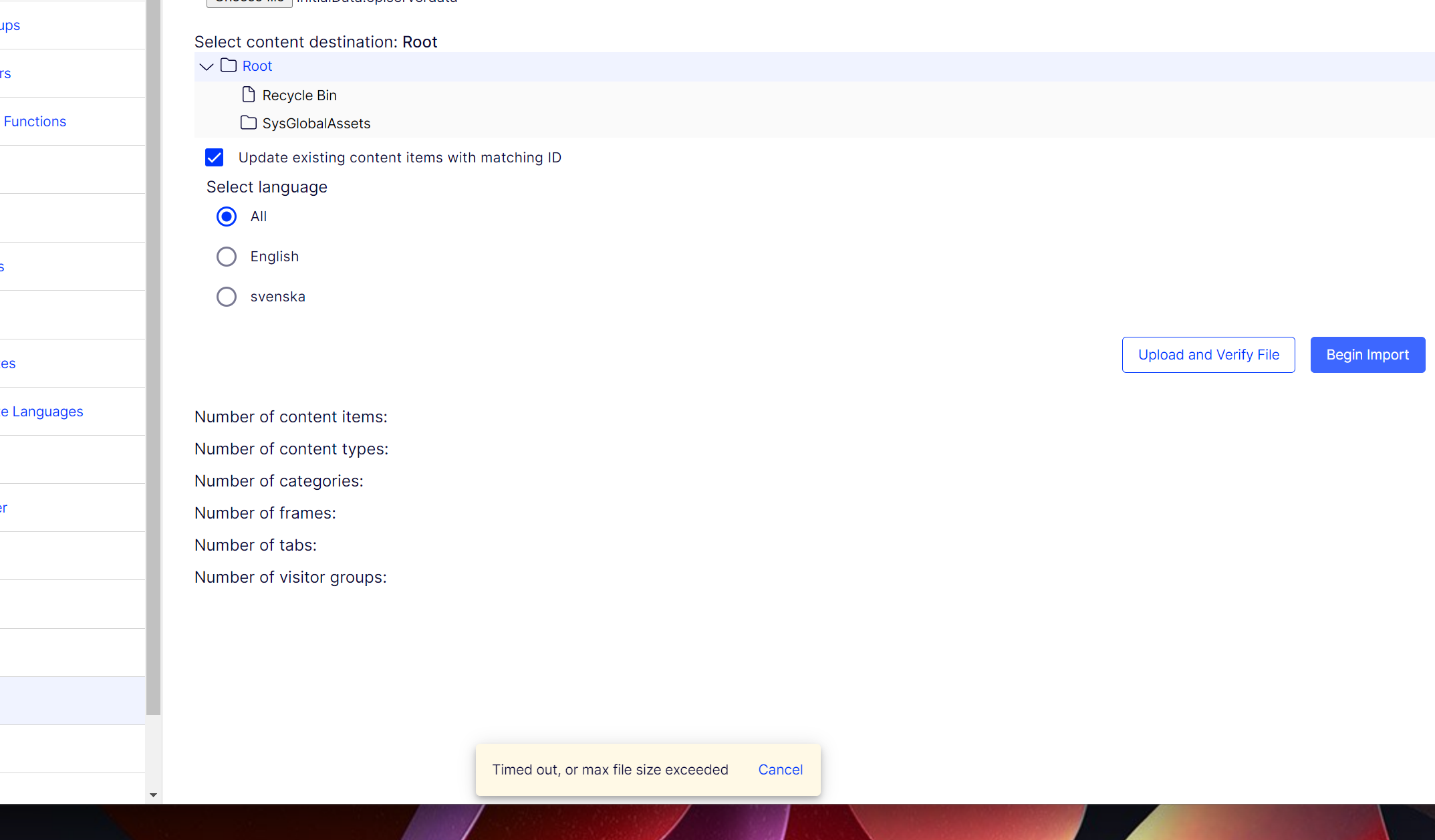When Attempting To Upload The Data File Im Getting The Error Timed Out Or Max File Size 9816