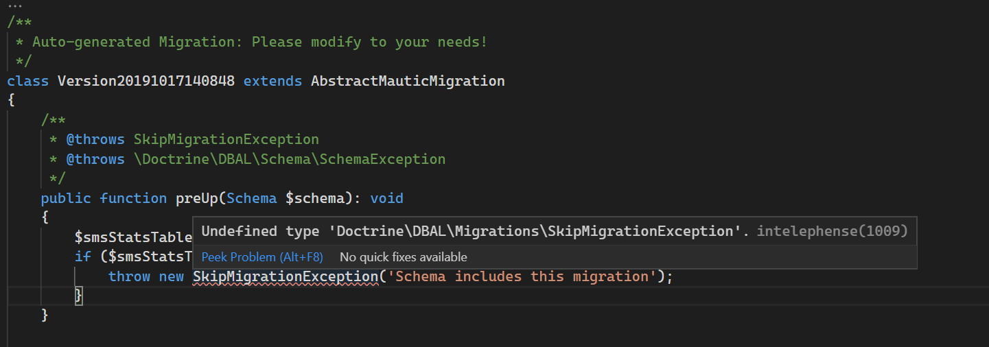 Migration failed during Pre-Checks. Error Class 'Doctrine\DBAL\Migrations\SkipMigrationException ...
