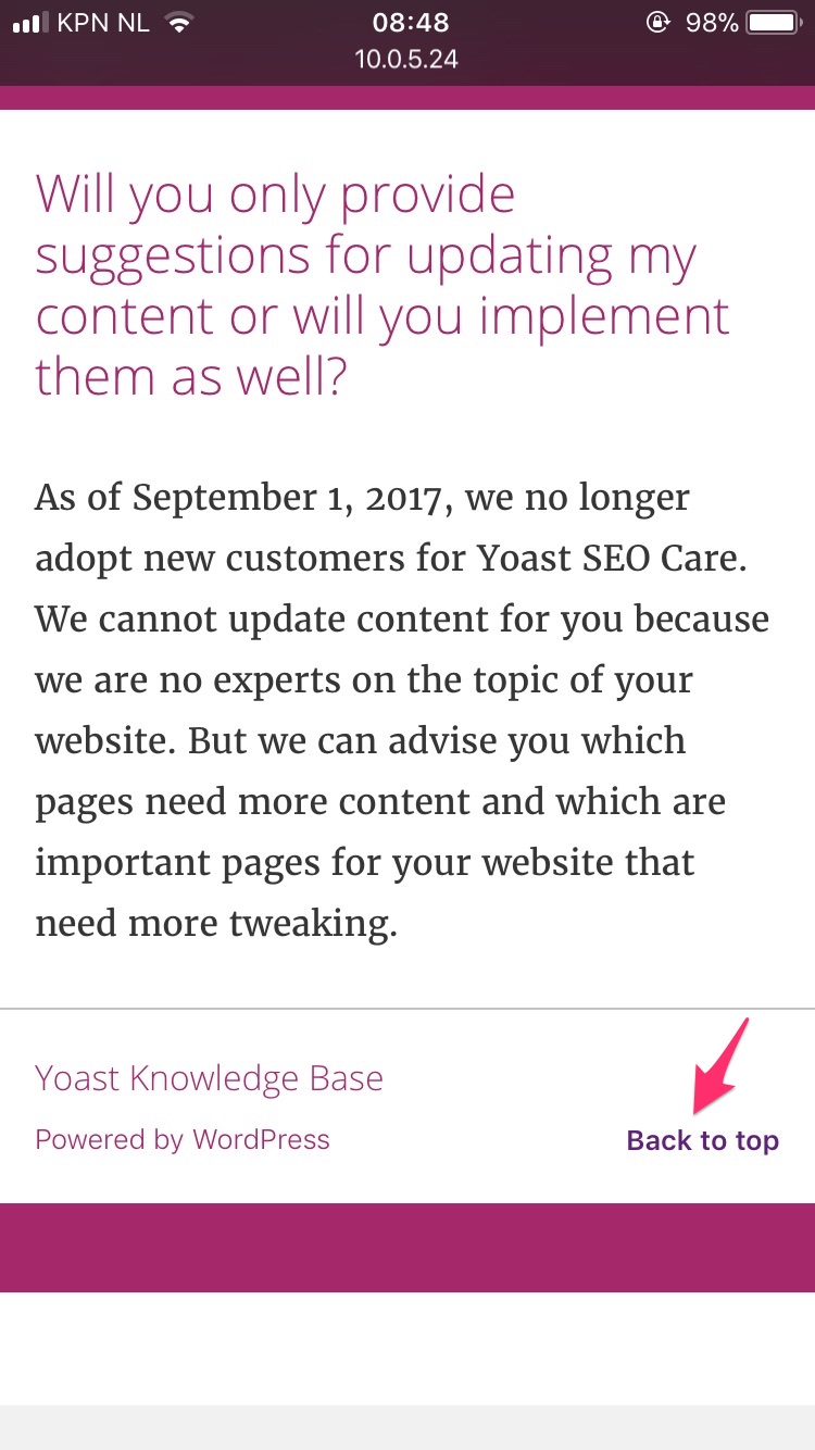 'Back to top' in KB articles in Help Center not working in mobile view · Issue #300 · Yoast ...