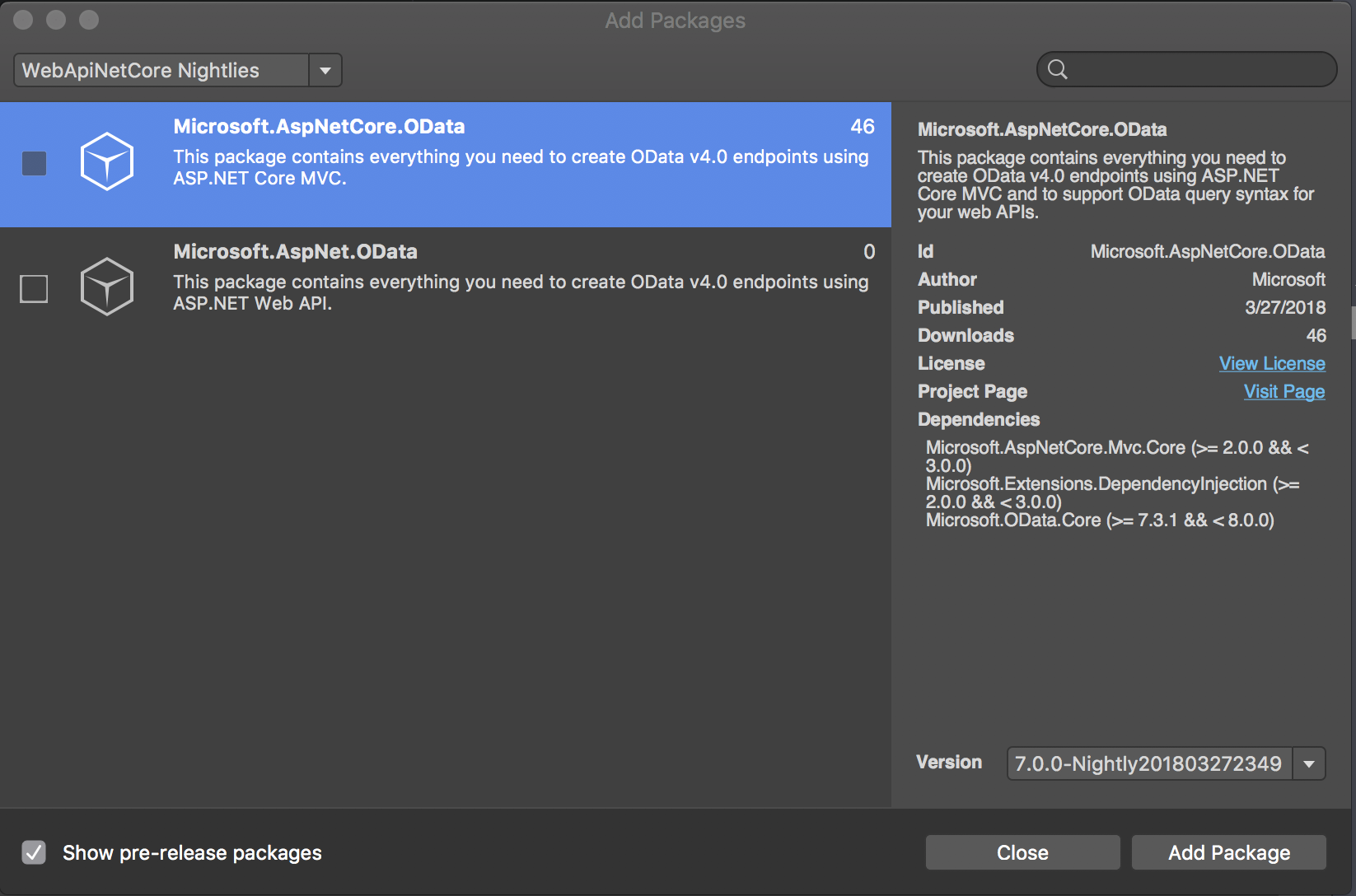 [feature/netcore] Recent nightly NuGet packages unable to build due to Microsoft.OData.Core ...