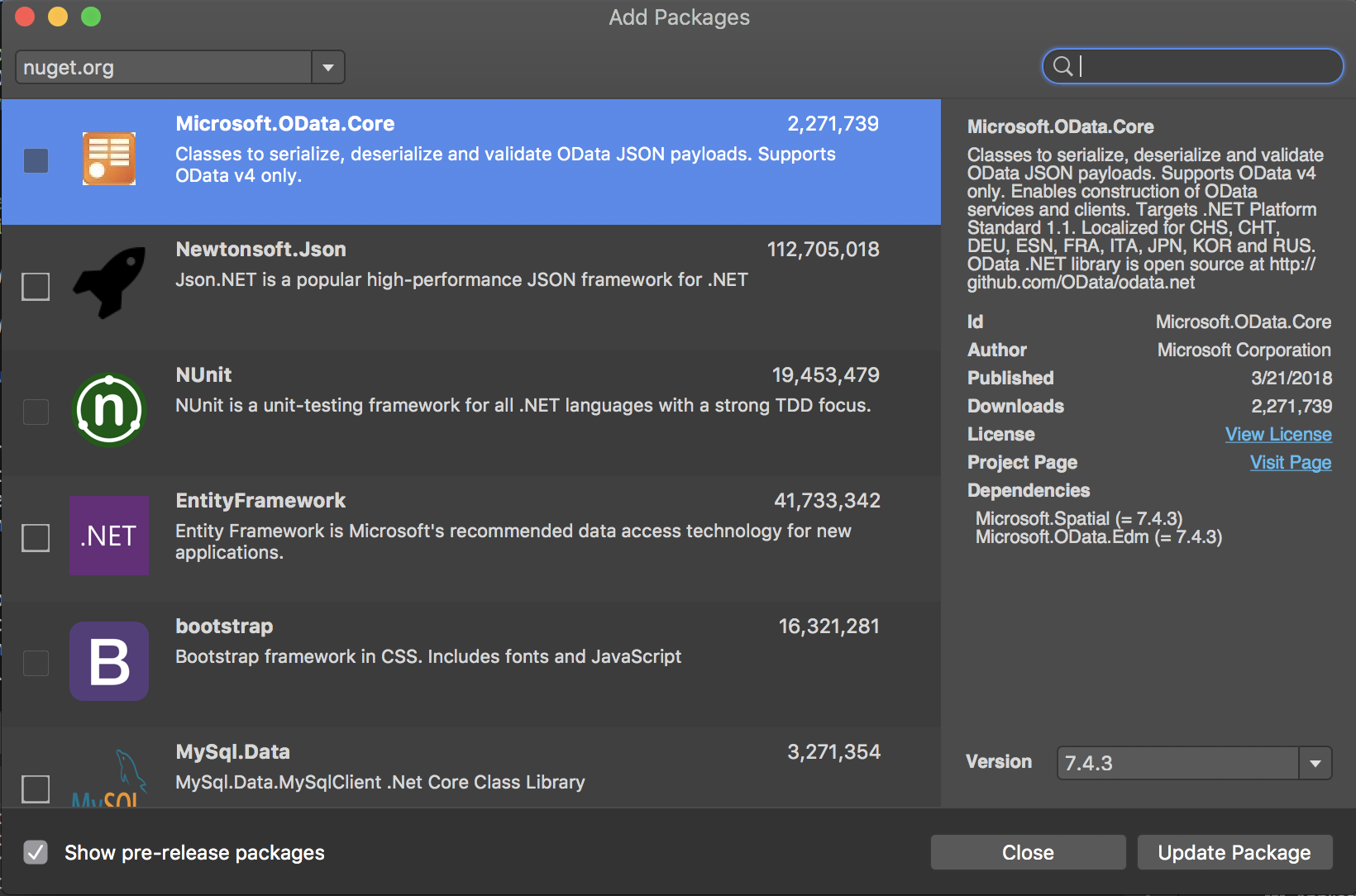 [feature/netcore] Recent nightly NuGet packages unable to build due to Microsoft.OData.Core ...