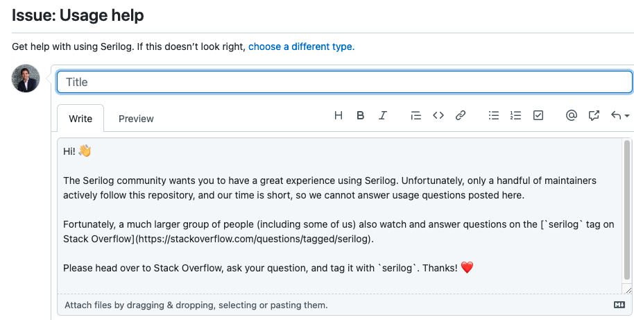 Update issue template to point to "Usage help" wiki page · Issue #1624 · serilog/serilog · GitHub