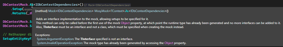 Usage of Moq .Object in DbContextMock breaks .As mocks later on · Issue ... Usage of Moq .Object in DbContextMock breaks .As mocks later on · Issue ...