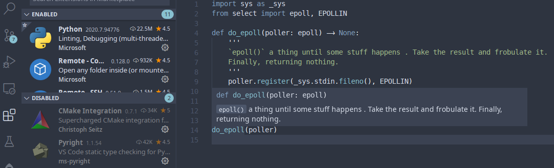 Having the Pyright and Python vscode extensions enabled causes docstrings to be duplicated in ...