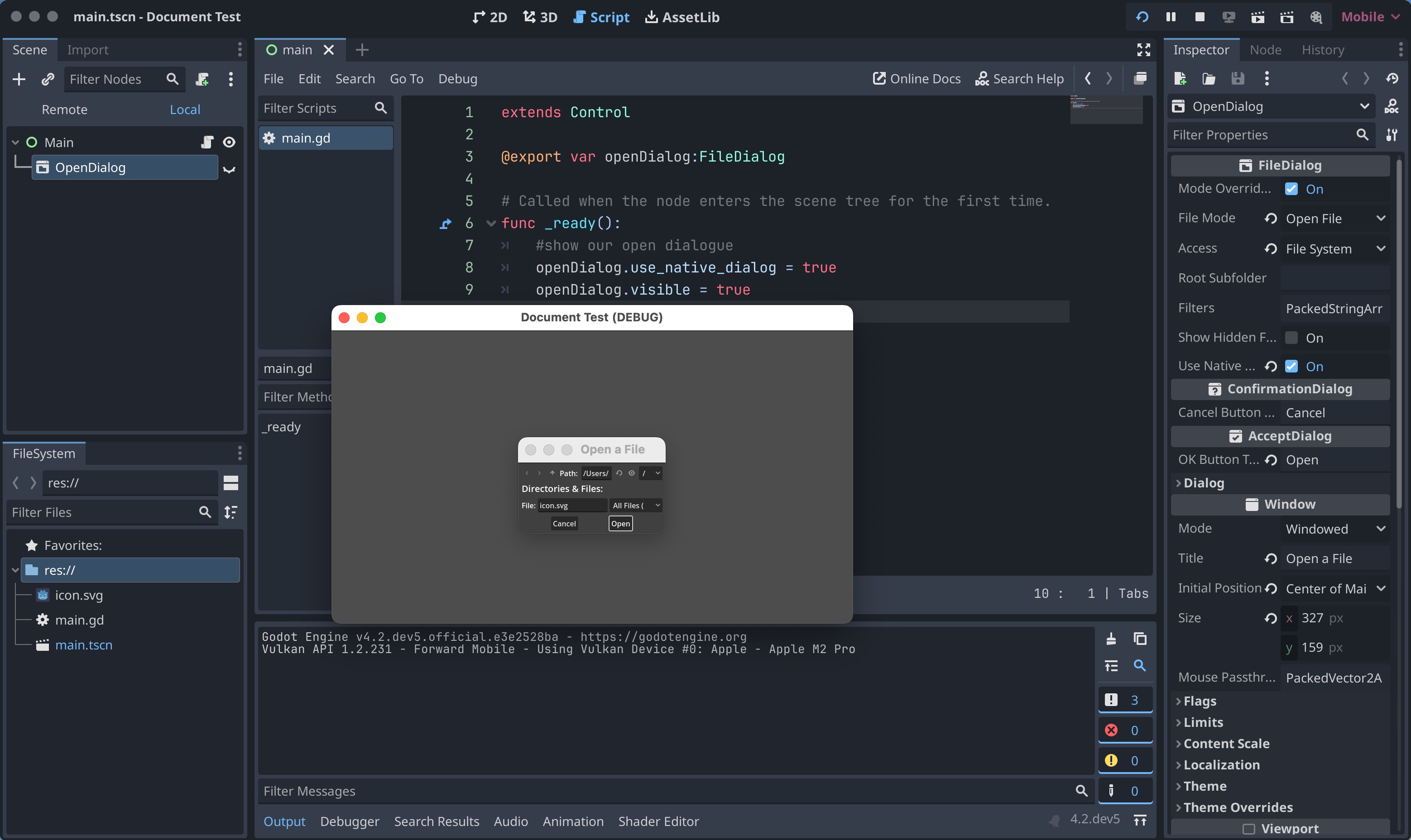 FileDialog use_native_dialog property not applied when showing dialog using visible property ...