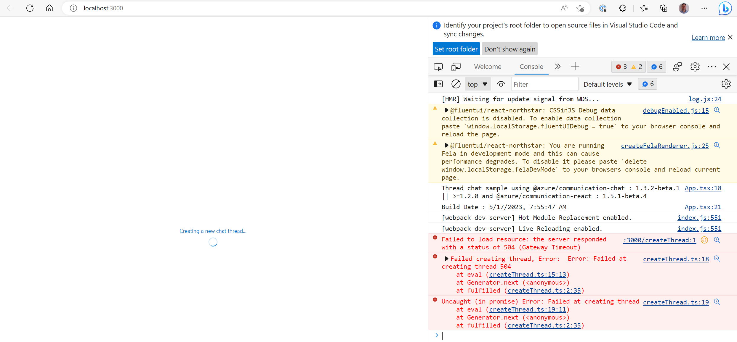 call to :3000/createThread:1 fails with 504 (Gateway Timeout) in Chat sample · Issue #3064 ...