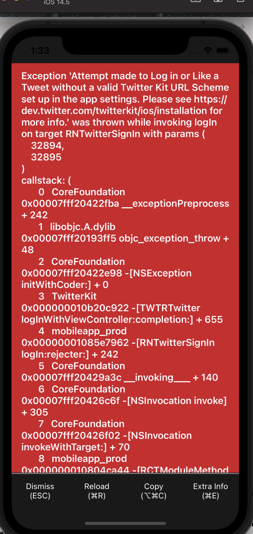 attempt made to log in or like a tweet without a valid twitter kit url ...