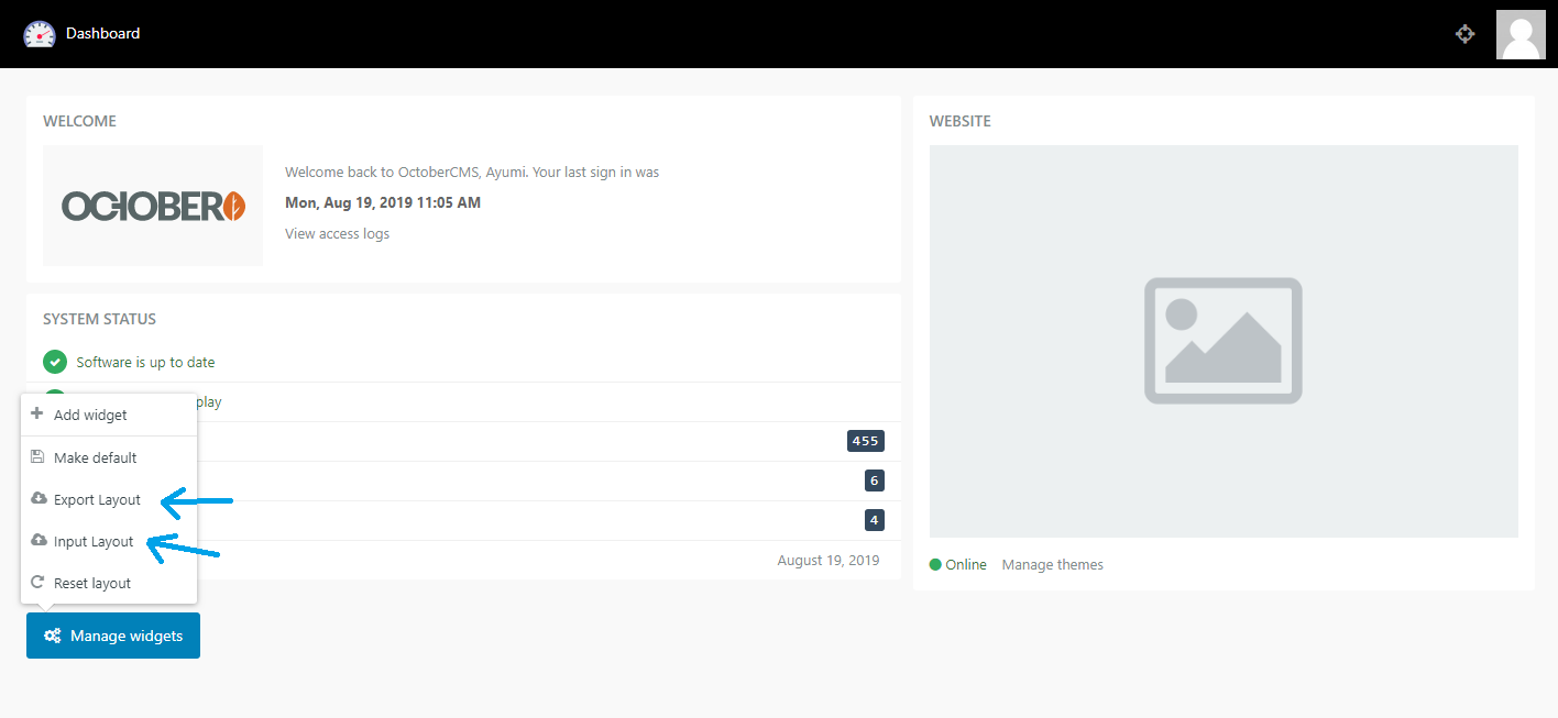 Add import and export options to dashboard area · Issue #4556 · octobercms/october · GitHub