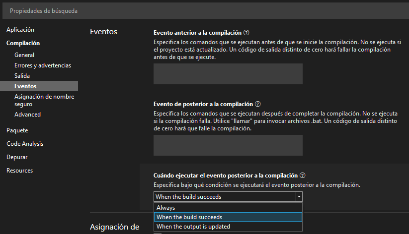 [Loc] New Property Pages: "When to run the post-build event" values not translated · Issue #7576 ...