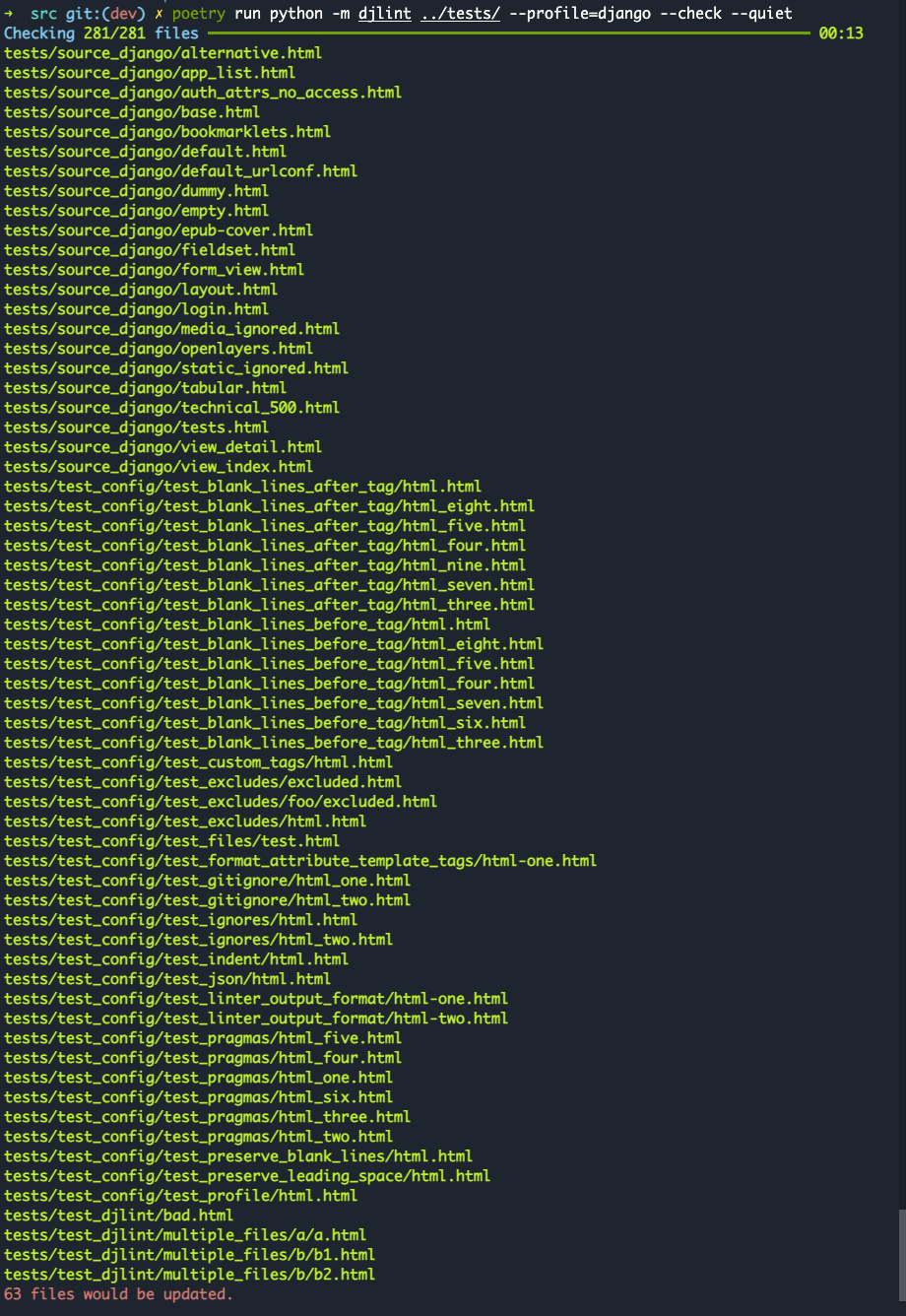 [BUG] [Formatter] --quiet is very verbose when combined with --check · Issue #374 · djlint ...