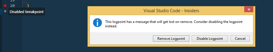 Tyring To Remove A Disabled Log Point With Log Message Suggests Disabling It Again · Issue