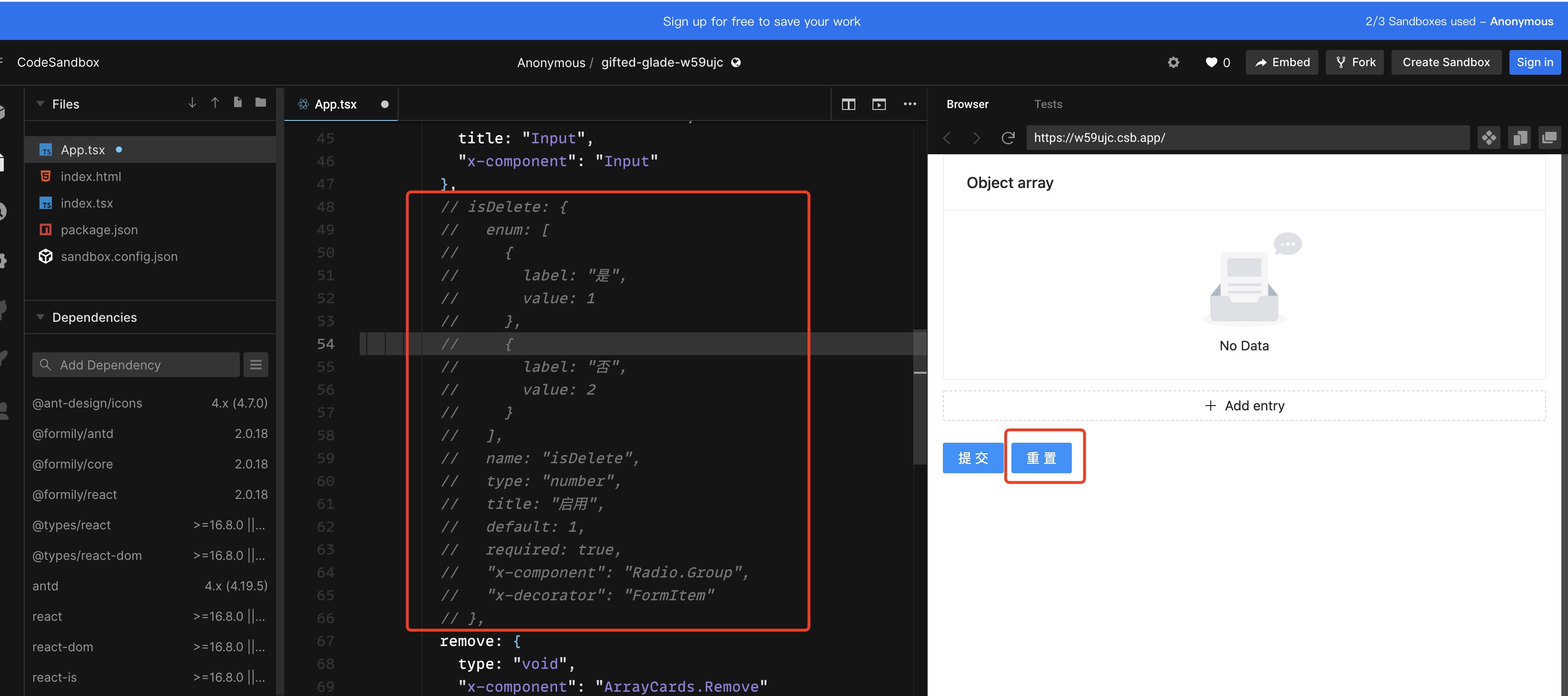 [Bug Report] ArrayCards 嵌套了一个 default=1 的Radio.Group，会导致 reset 无效 · Issue #3046 · alibaba ...