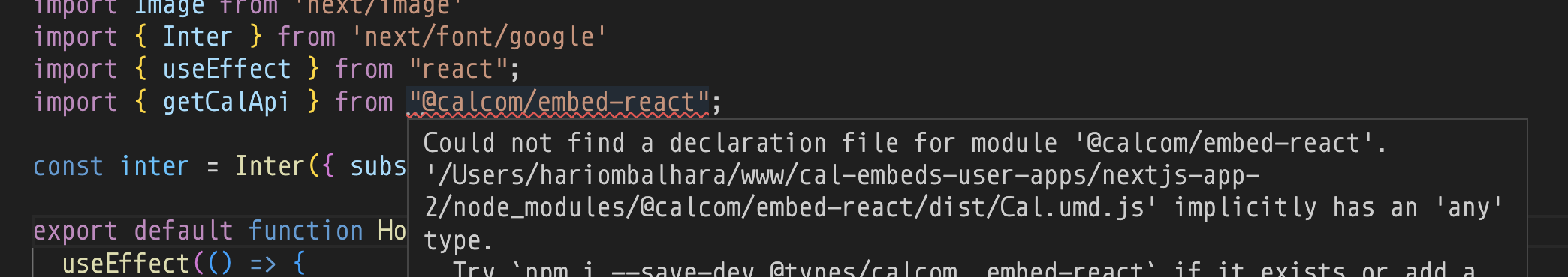 [CAL-1756] @calcom/embed-react@1.0.12 doesn't have types available. Build would fail for ...
