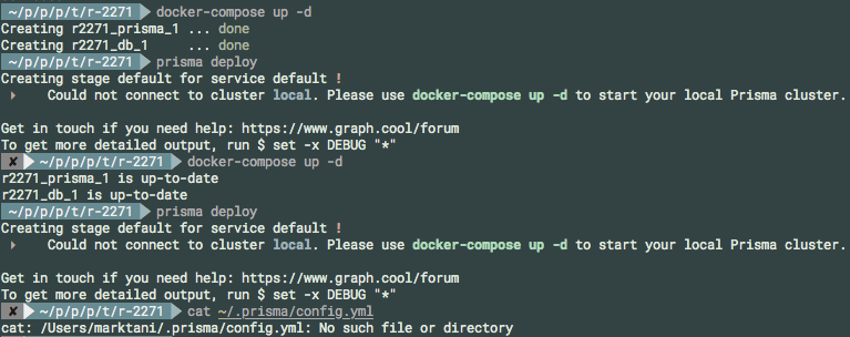 Could not connect to cluster `local` if `~/.prisma/config.yml` does not exist or is empty ...