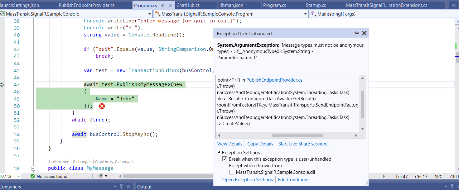 SignalR Console sample does not work. · Issue #1744 · MassTransit/MassTransit · GitHub