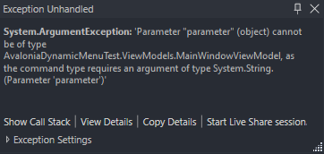 Generated MenuItems cannot bind to commands or methods with strongly typed parameters with ...