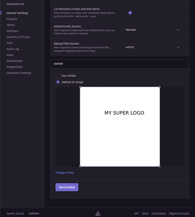 Error 500 when uploading new organization avatar · Issue #1565 · getsentry/self-hosted · GitHub