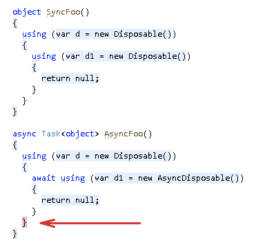Compiler emits not-hidden unreachable sequence point on 'await using' parent block closing brace ...