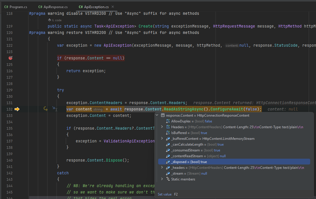 [Bug]: The `ApiException` exception thrown by `EnsureSuccessStatusCodeAsync()` is always missing ...