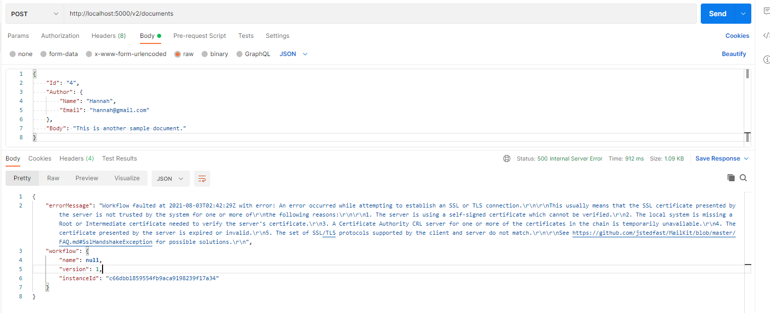 Workflow faulted with An error occurred while attempting to establish an SSL or TLS connection ...