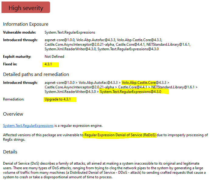 High Vulnerabilities : System.Text.RegularExpressions v4.3.0 · Issue ...