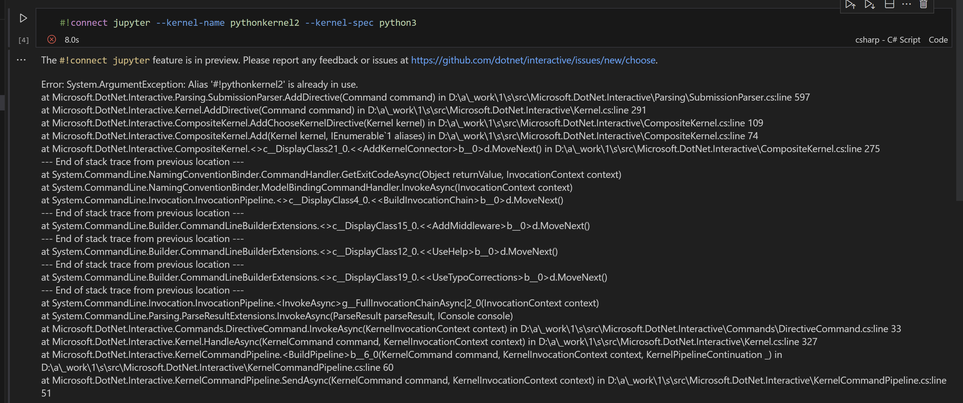 Running Connect Command For An Existing Error Results In A Cell Run Error · Issue 3023 · Dotnet 0565