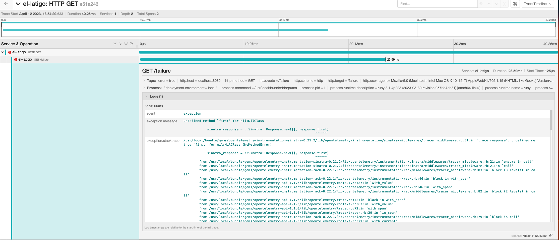 Nomethoderror When Sinatra Endpoint Breaks With An Exception · Issue 413 · Open Telemetry