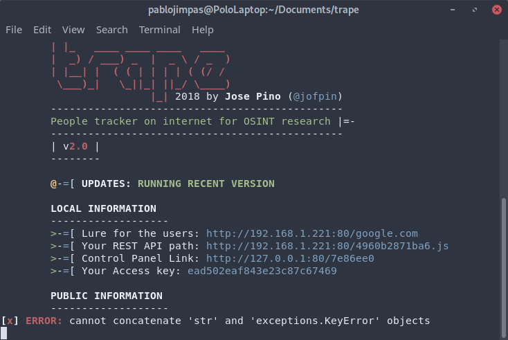 ERROR: cannot concatenate 'str' and 'exceptions.KeyError' objects · Issue #78 · jofpin/trape ...