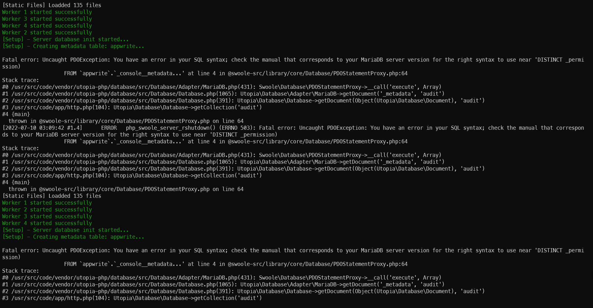 🐛 Bug Report: Appwrite dumps when creating metadata table after fresh install · Issue #3095 ...