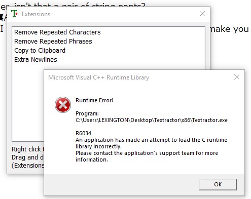 Runtime error R6034 whenever I load Textractor · Issue #503 · Artikash/Textractor · GitHub
