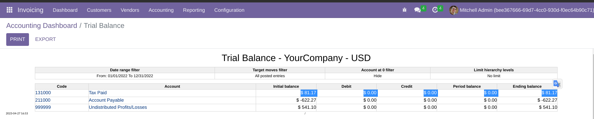 [16][BUG] account_finalcial_report In the Trial Balance, numerical data are not navigable ...