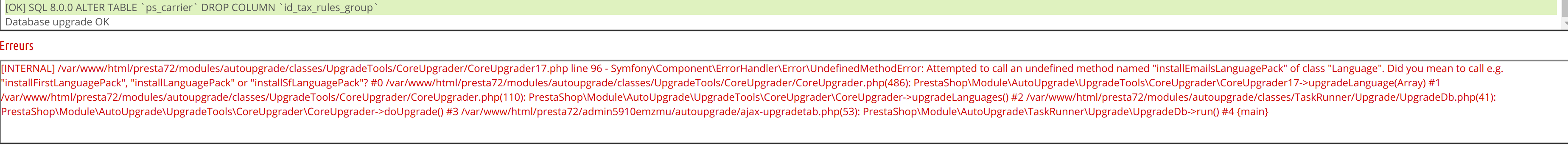 Autoupgrade - BO - A 500 errors in console when upgrade from 1.7 to 8.0 (Method Not Allowed ...