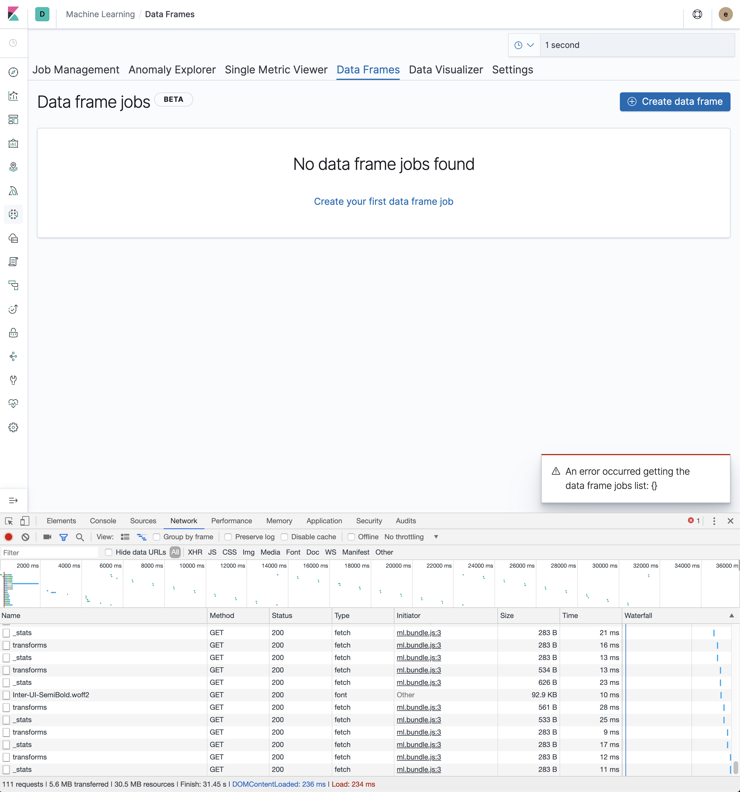 [ML] Unexpected error shown as a toast notification about retrieving data frame list · Issue ...