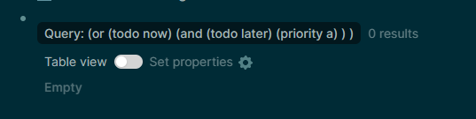 Query `(or (todo now) (and (todo later) (priority a) ) )` for tasks and priority returns empty ...