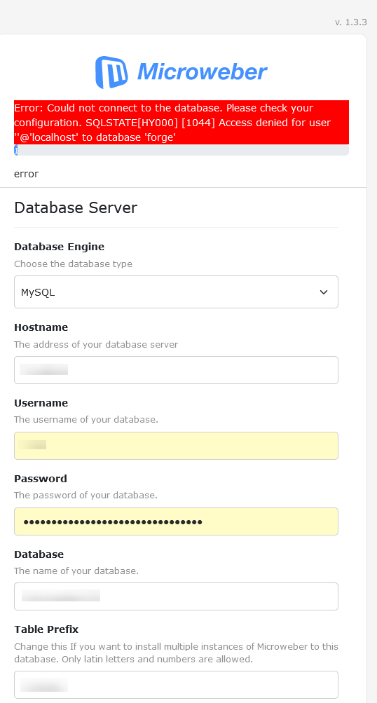 Microweber 1.3.3 throws SQLSTATE[HY000] [1044] Access denied error · Issue #1010 · microweber ...