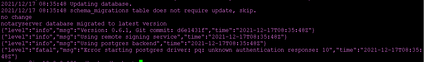 Notary server & signer Failed to create a new keydbstore: pq: unknown authentication response ...
